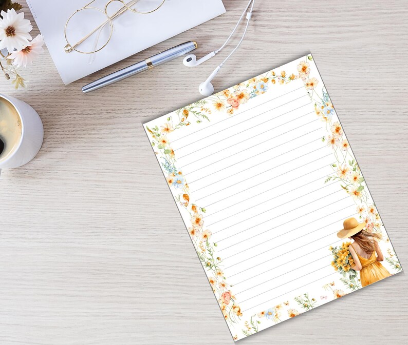 Girl With Yellow Flower Printable Stationery-flower Pen Pal Supplies ...