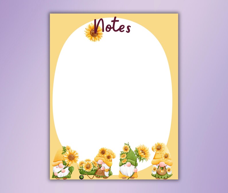 Gnome Printable Notes-printable Gnome Stationary-sunflowers Printable ...