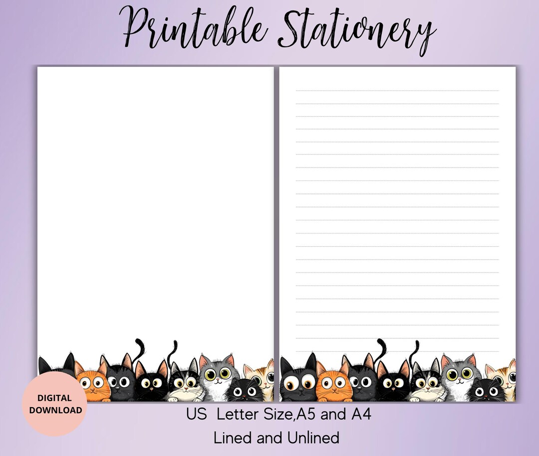 Cats Printable Stationery-cute Cats Writing Paper Set Lined Unlined A4 ...