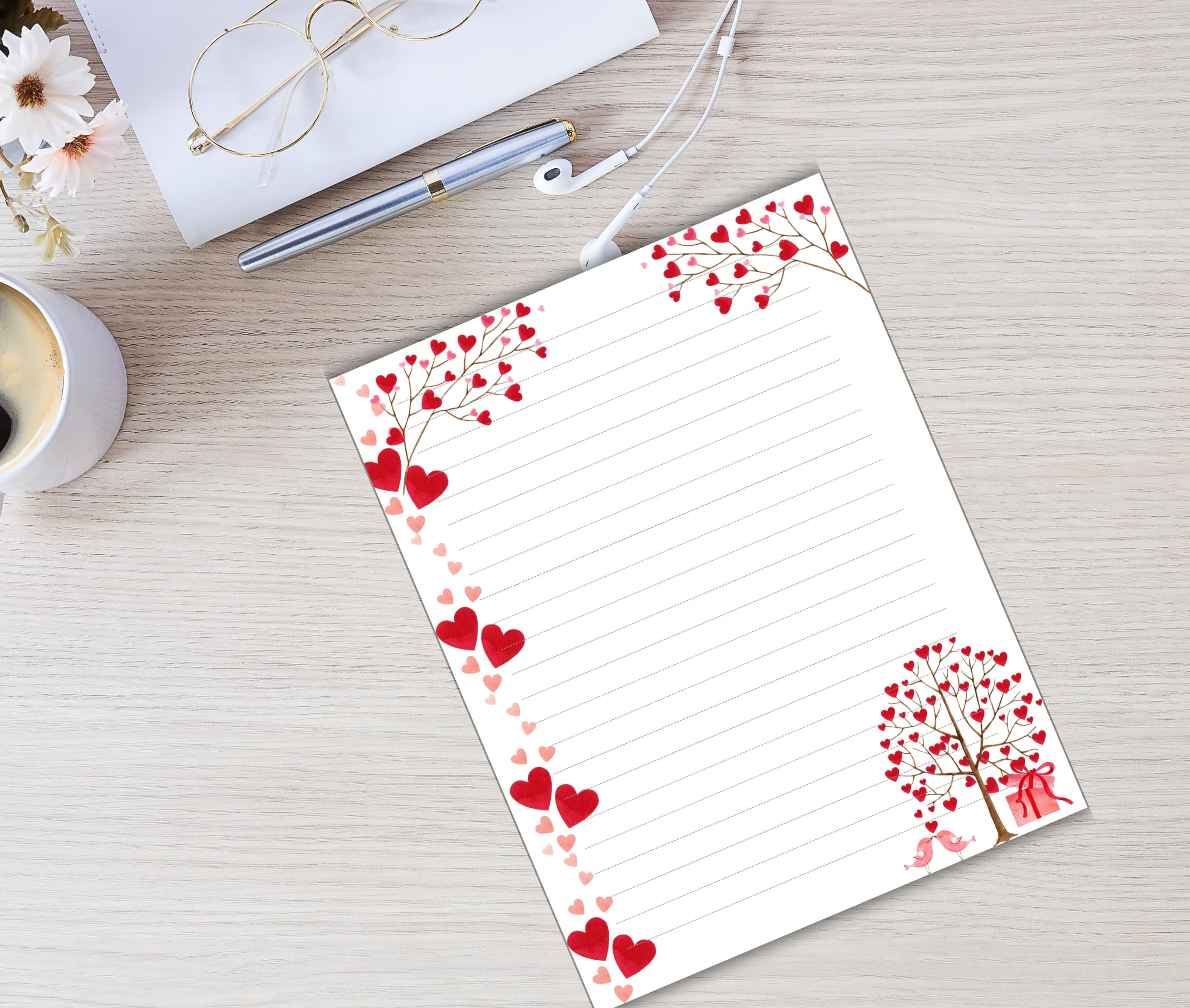 Heart Printable Stationery-love Note Digital Download-valentine's Day ...