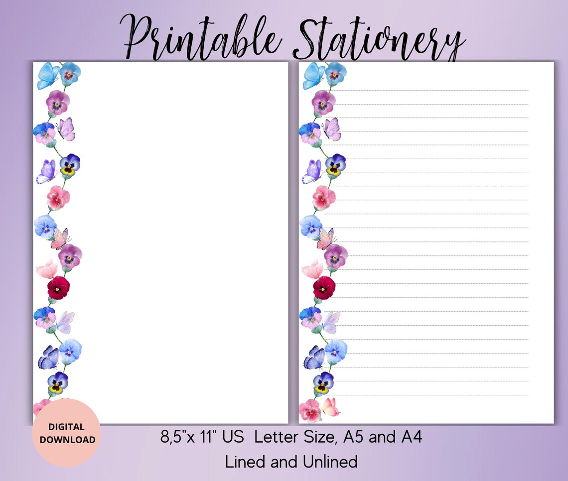 Pansies With Butterflies Printable Stationery-flower Writing Paper ...