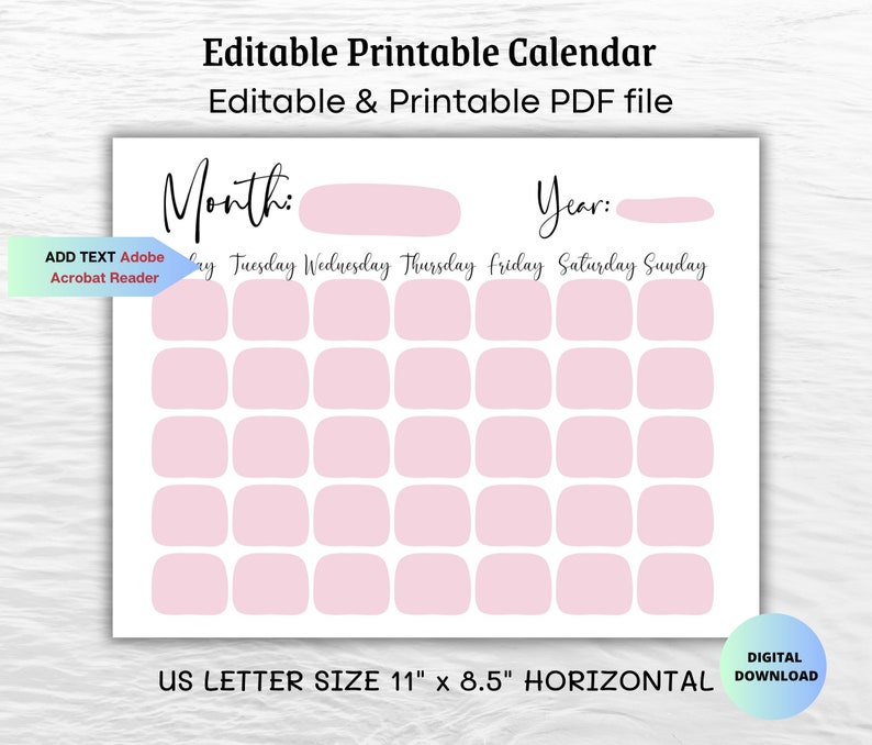 Open Calendar Landscape-blank Month Calendar-printable Editable ...