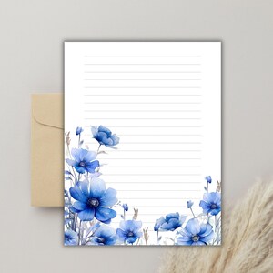 Blue Flower Printable Stationery-watercolor Flower Stationary-digital ...