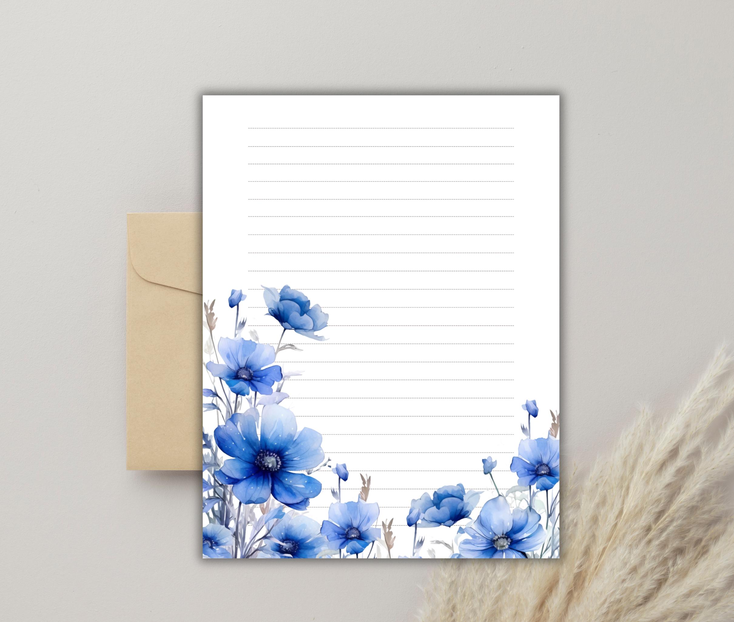Blue Flower Printable Stationery-watercolor Flower Stationary-digital ...