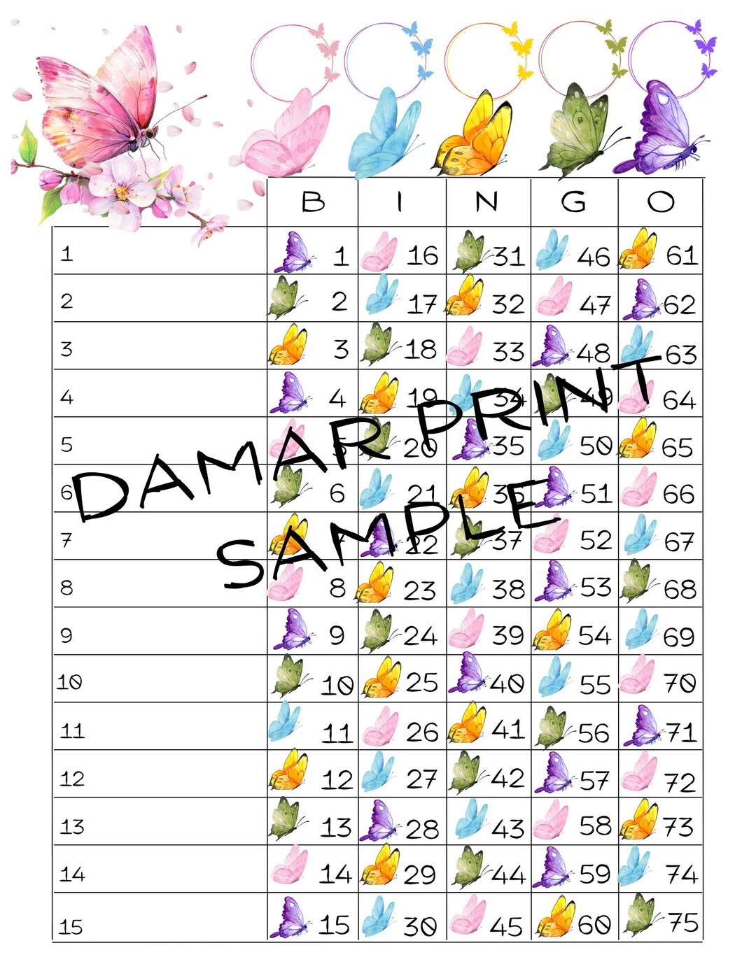 Butterflies Printable Bingo Boards-instant Download -butterfly Bingo ...