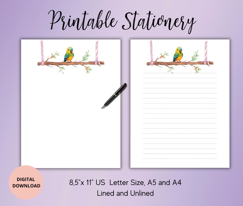 Parrot Printable Stationery-birds Stationary-watercolor Birds Writing ...