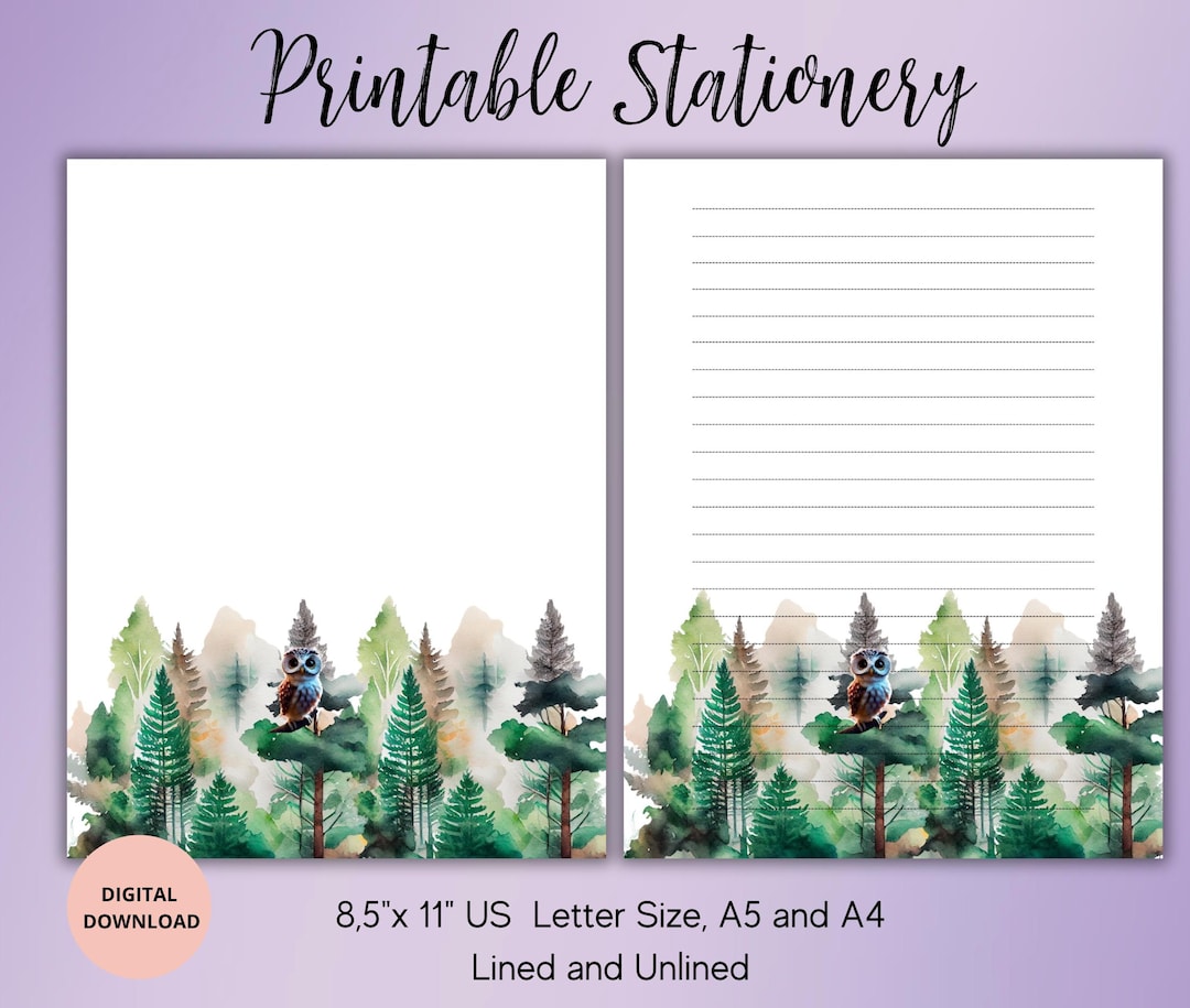Forest Printable Stationary-trees Writing Paper,watercolor Digital ...