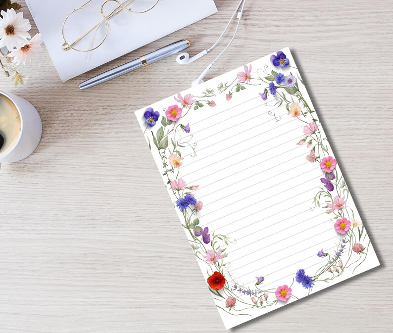 Wildflower Printable Stationery Set-flower Writing Paper Unlined Lined ...
