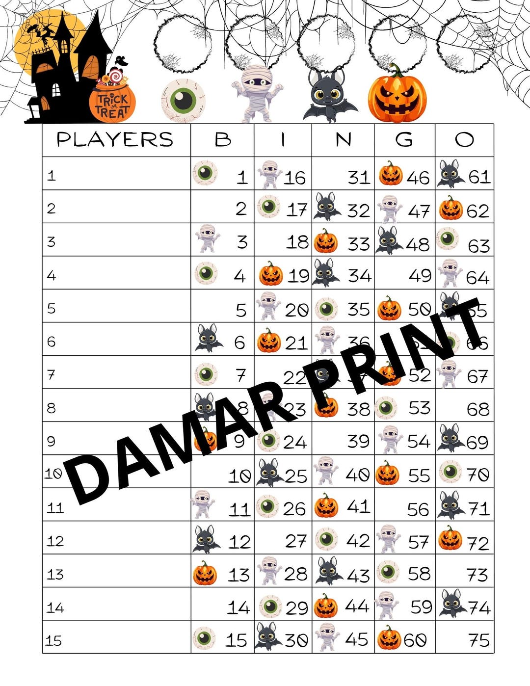 Printable Halloween Bingo Boards Set - 1-15 Lines, Straight, Mixed - 75 ...
