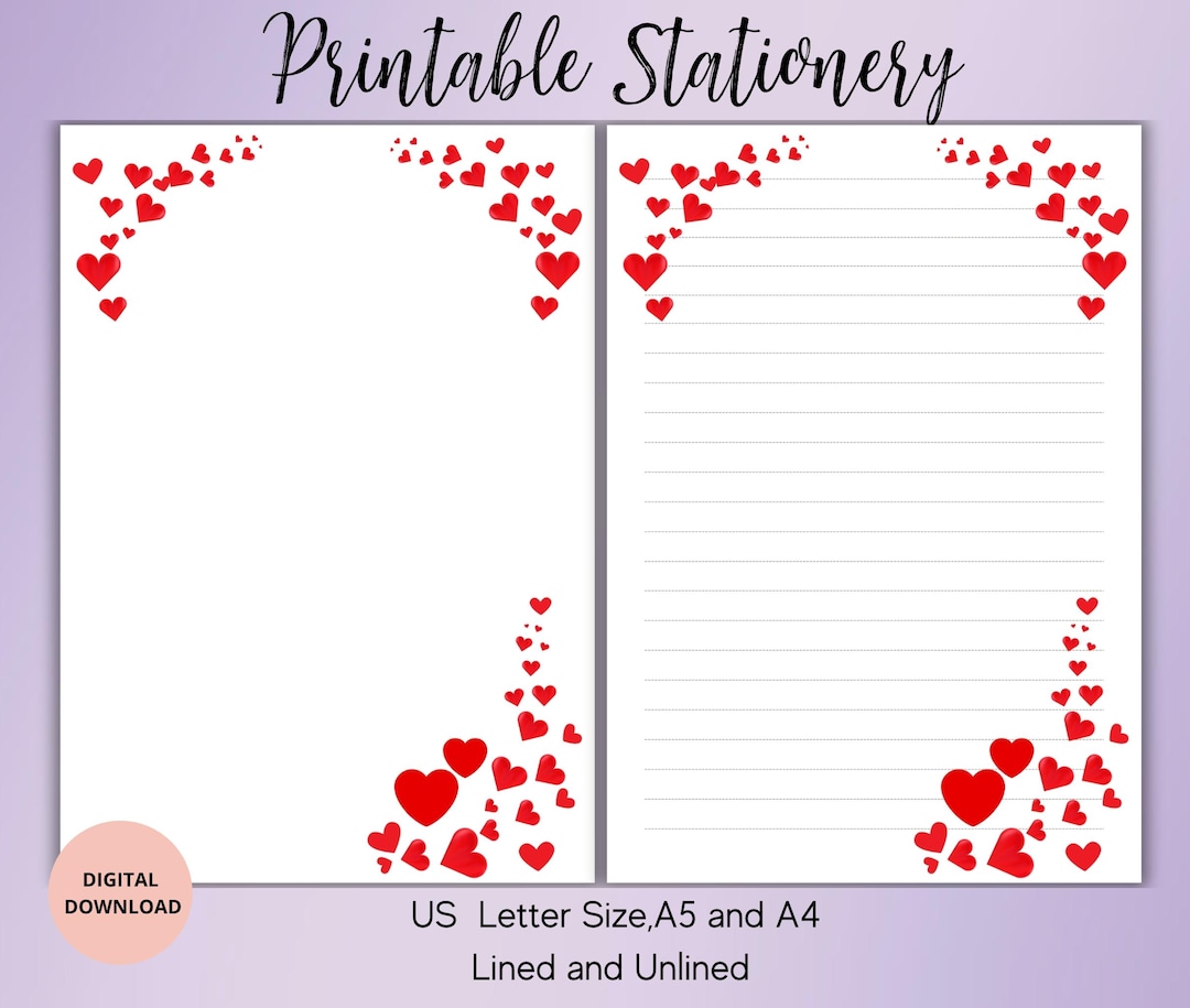 Hearts Printable Stationery-valentine's Day Printable Writing Paper Set ...