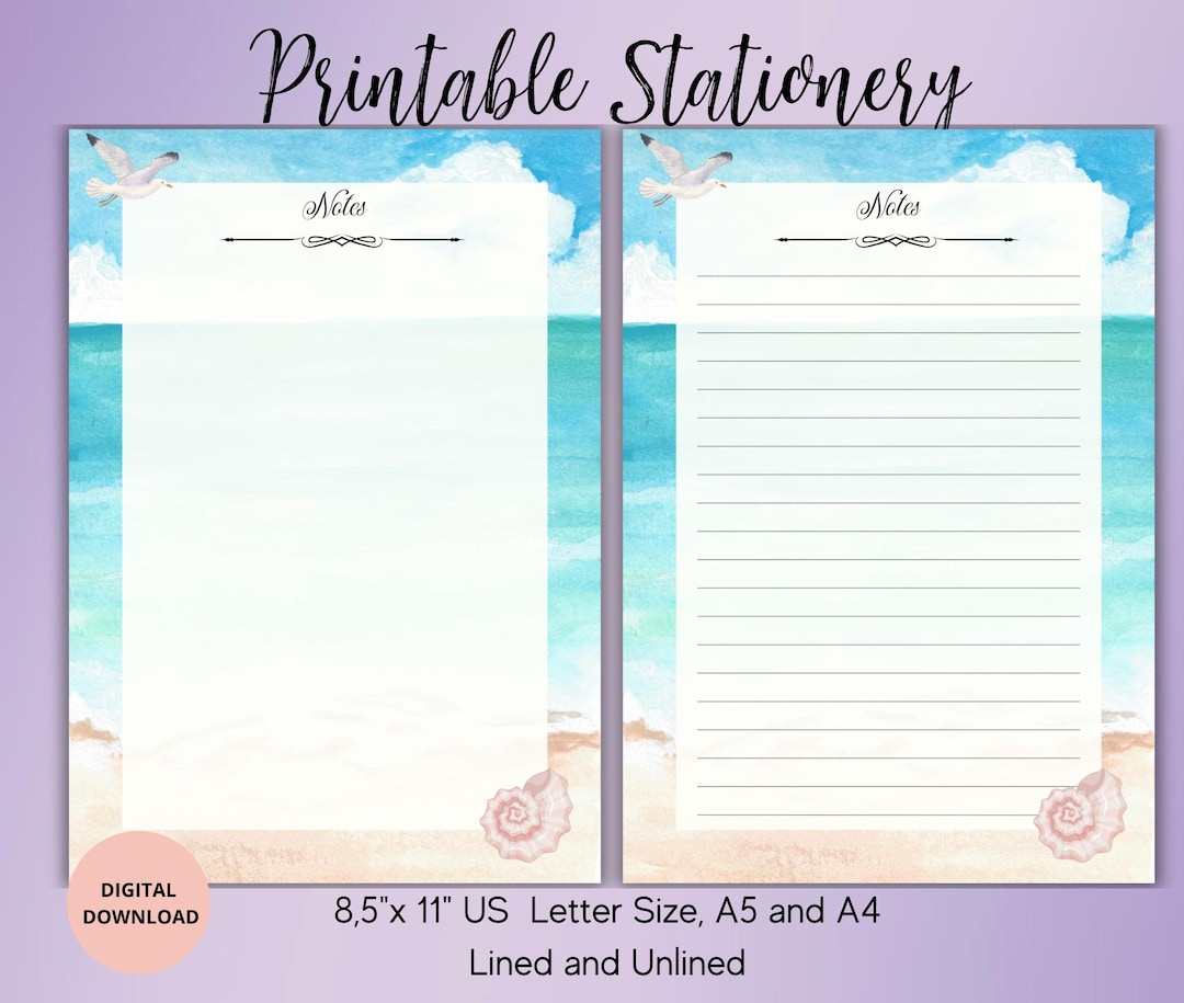 Seascape Notepad Printable Stationary-writing Paper Set Unlined Lined ...