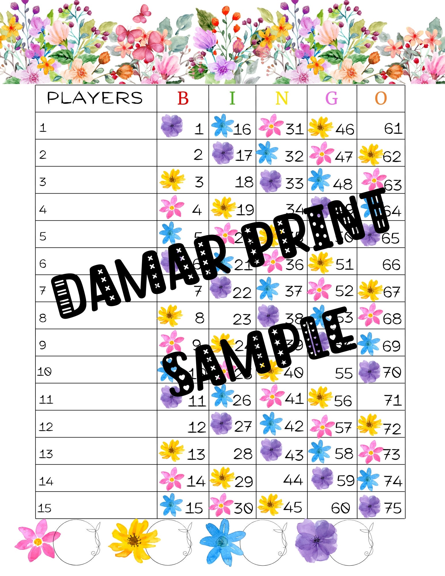 Summer Bingo Boards-flower Printable Bingo Boards 1-15 Lines- Straight ...