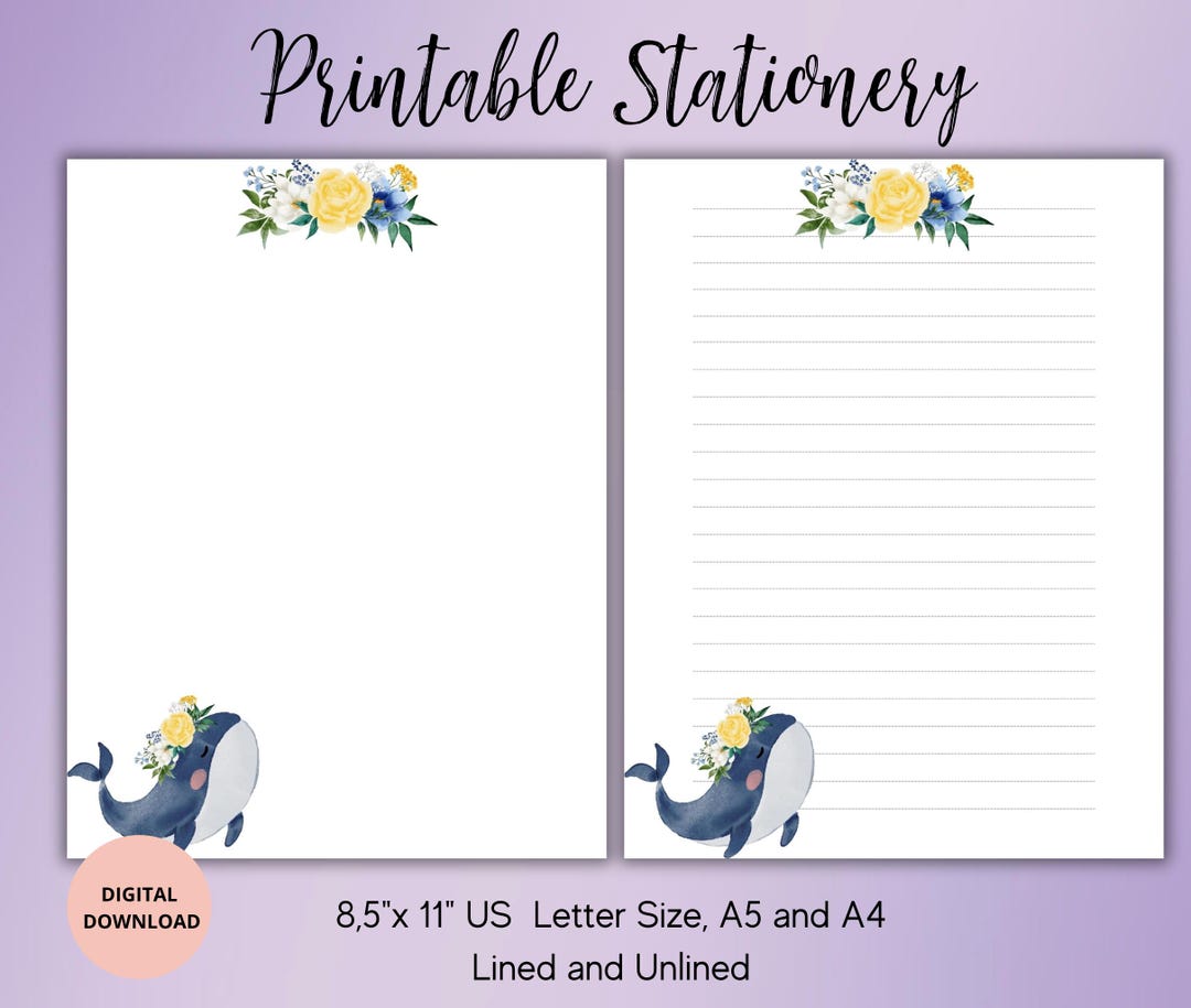 Kids Stationary-whale PRINTABLE Stationery-sea Animal Stationary-flower ...