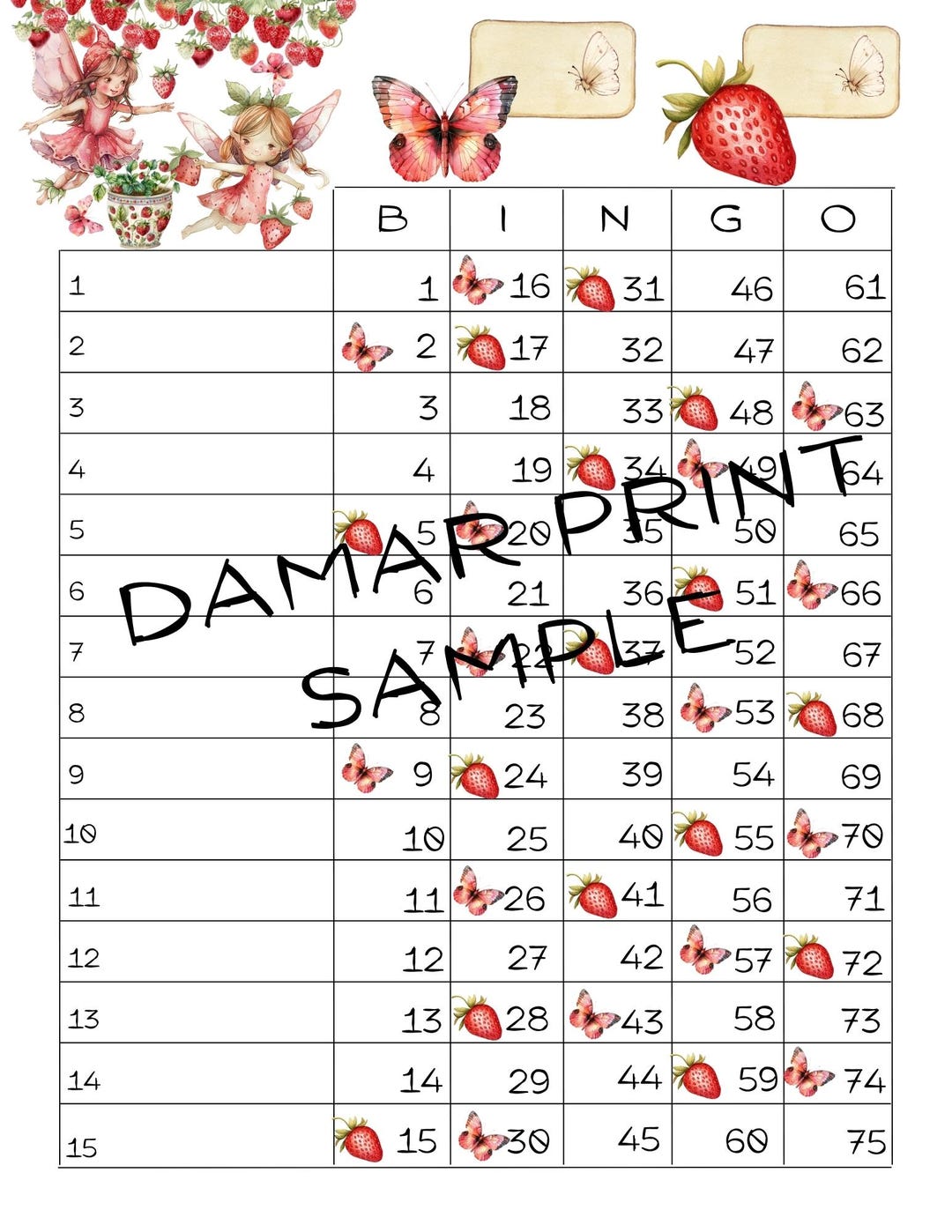 Strawberry Fairy Printable Bingo Boards 1-15 Lines-instant Download ...