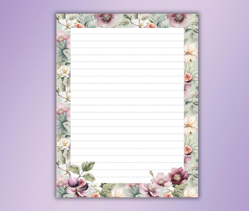 Flowers and Fig Fruit Writing Paper Set Unlined Lined A4/A5/US Letter ...