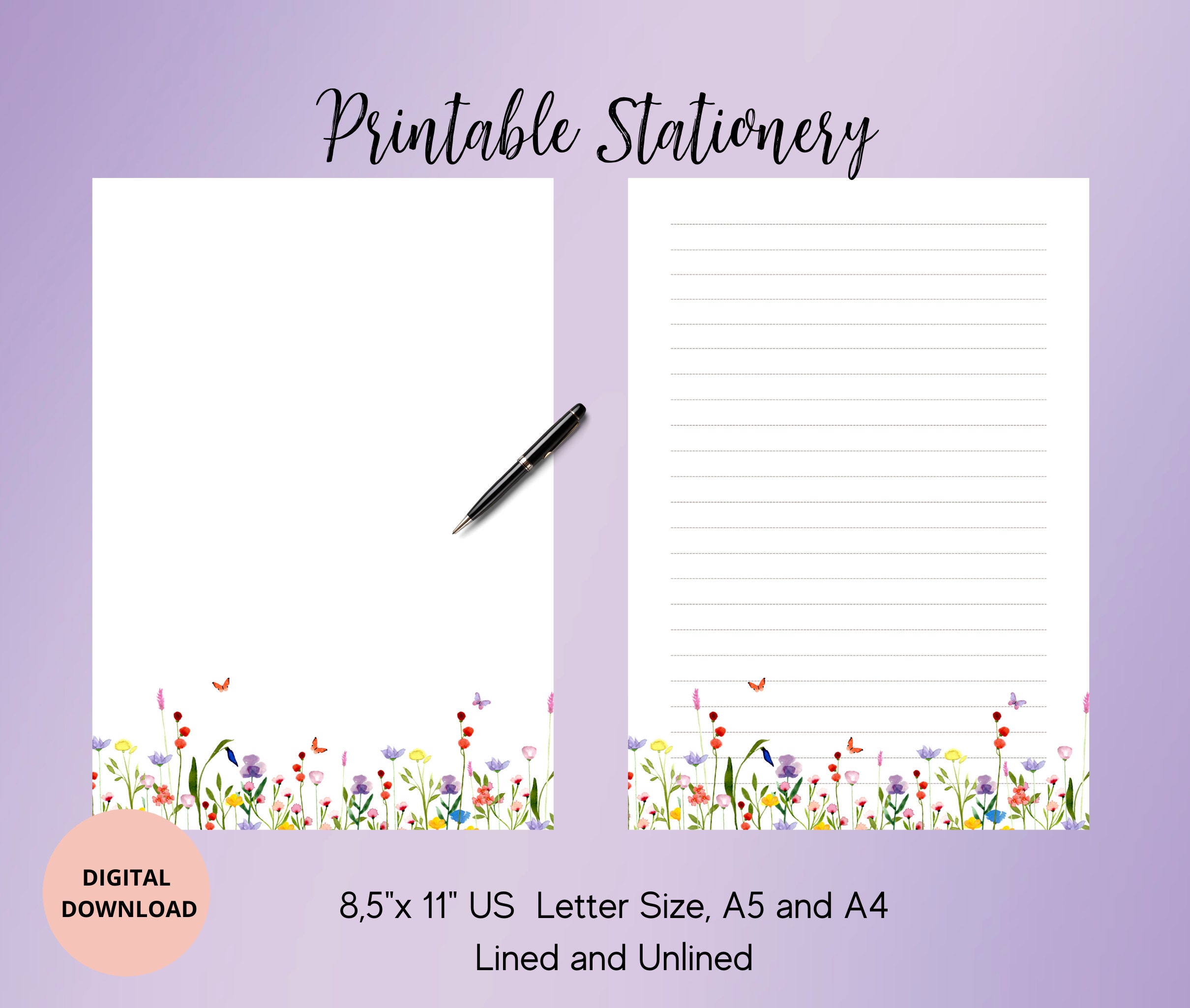 Floral Writing Paper Letter A4,A5,US Letter,instant Download,lined ...