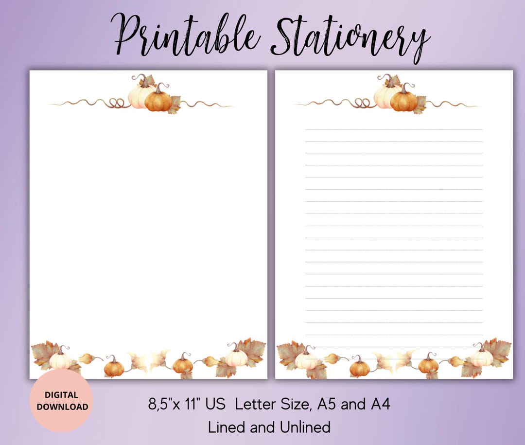 Autumn Pumpkin Printable Stationery,fall Leaves Digital Letter ...