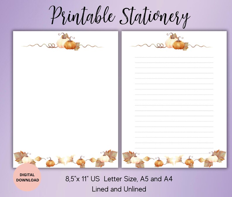 Autumn Pumpkin Printable Stationery,fall Leaves Digital Letter ...