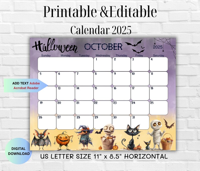Editable October 2025 Calendar-halloween 2025 Planner-cute Spooky ...