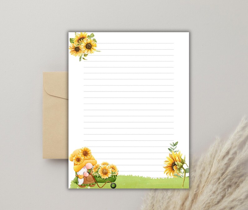 Sunflower Gnome Printable Stationary-digital Download Printable Writing ...