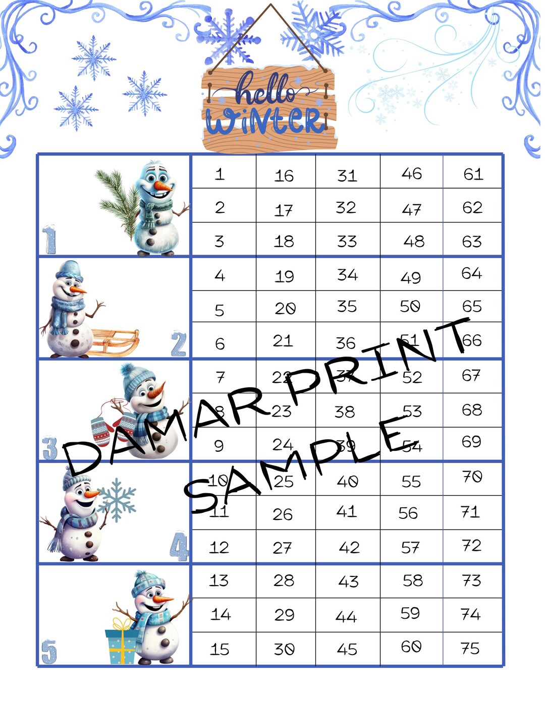 Snowman Bingo Boards - Instant Download -printable Winter Bingo Boards ...