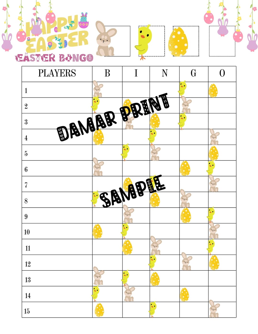 Easter Bingo Boards 75 Ball-1-15 Line Bingo Board 1-75 Balls Straight ...