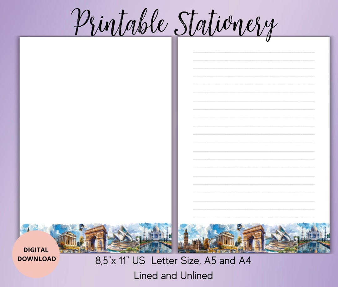 Travel Printable Stationery-countries Writing Paper Set Unlined Lined ...