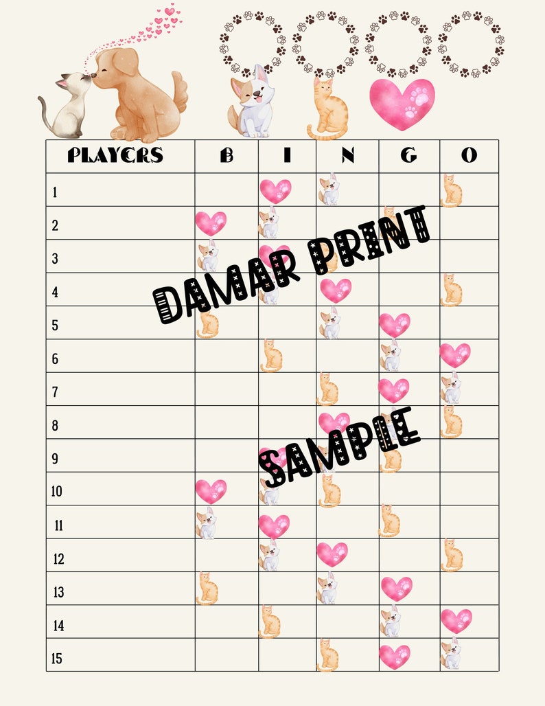 Bingo Bords Printable-bingo Boards 1-15 Lines cat & Dog Straight, Mixed ...