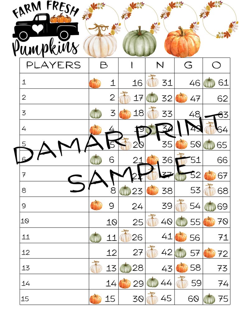 Farm Fresh Pumpkins Bingo Boards - Instant Download -printable Bingo ...