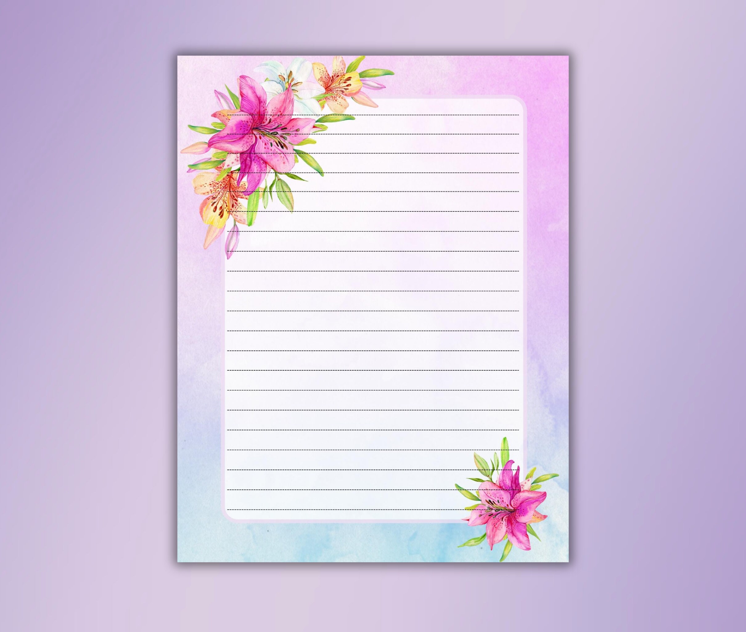 Watercolor Lily Flowers Printable Stationery,flower Floral Writing ...
