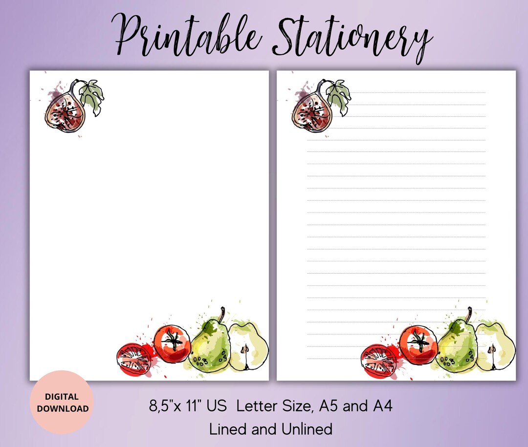 Vegetable Printable Stationary,fruit Writing Paper,watercolor Digital ...