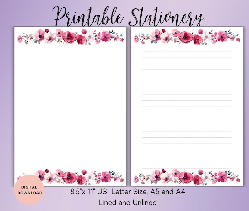 Flower Printable Stationery-watercolor Flower Stationary-digital ...