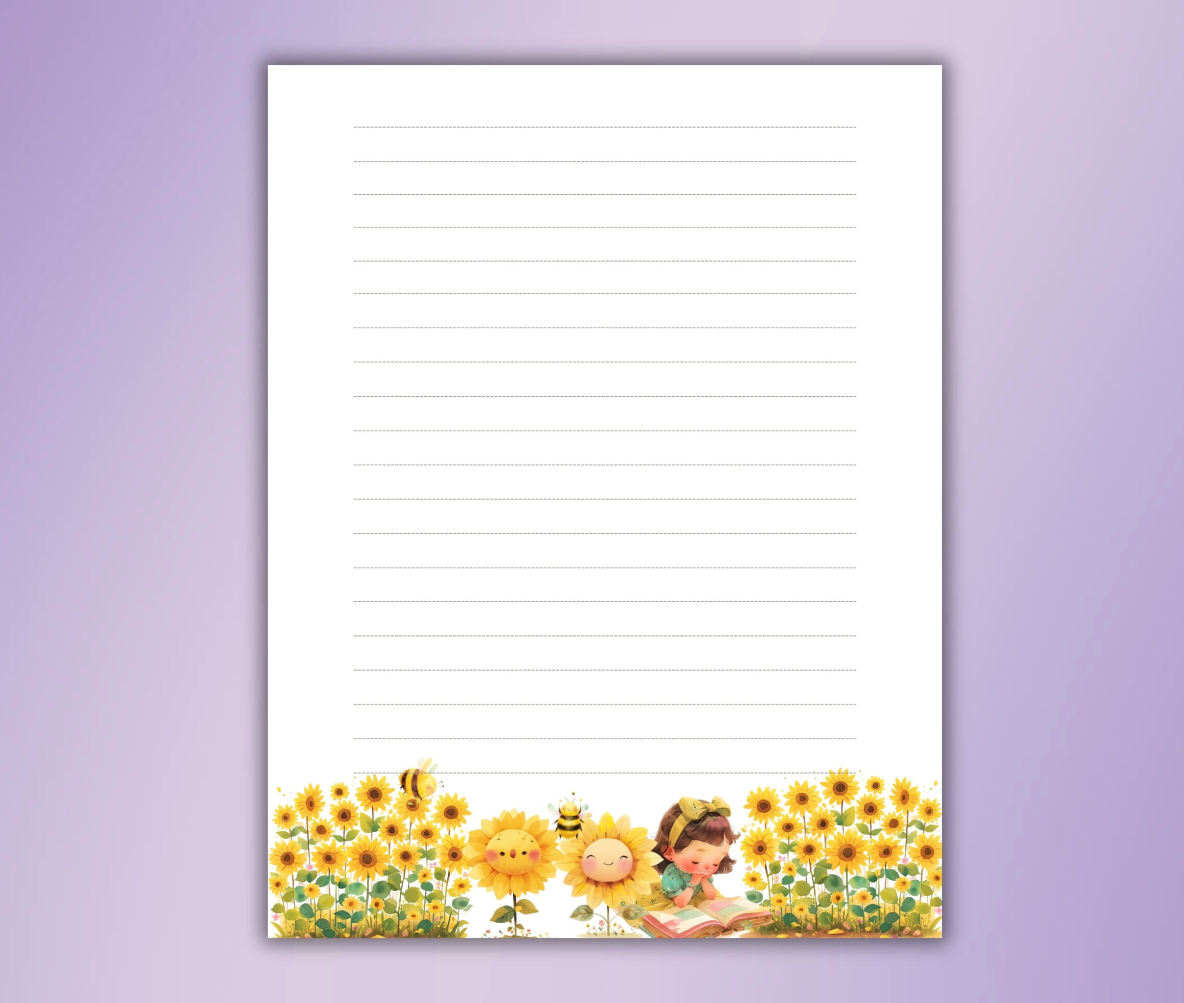 Girl With Sunflowers Printable Stationery Set A4/A5/US Letter Lined ...