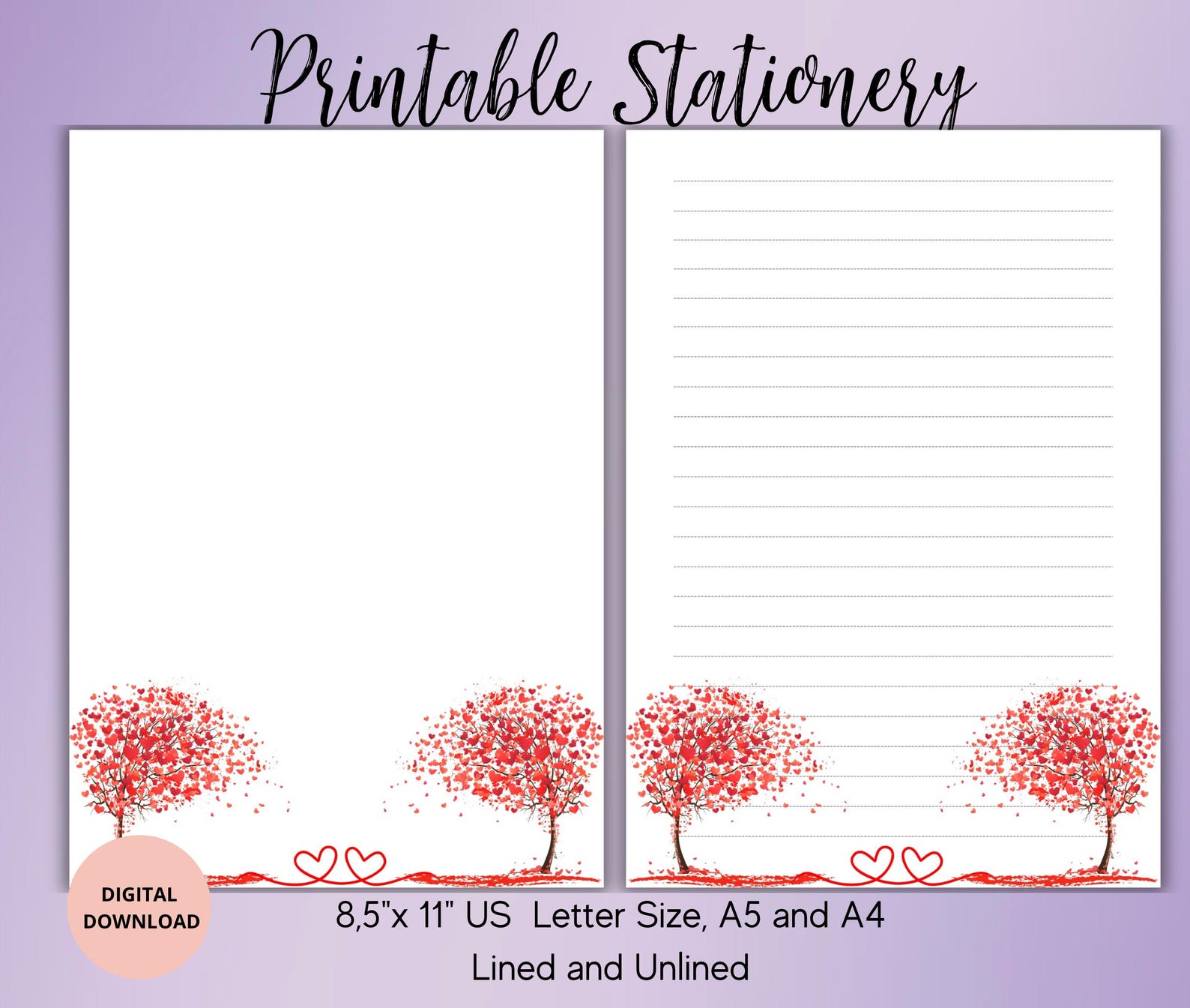 Love Tree Hearts Printable Stationery-hearts Writing Paper A4/A5/US ...