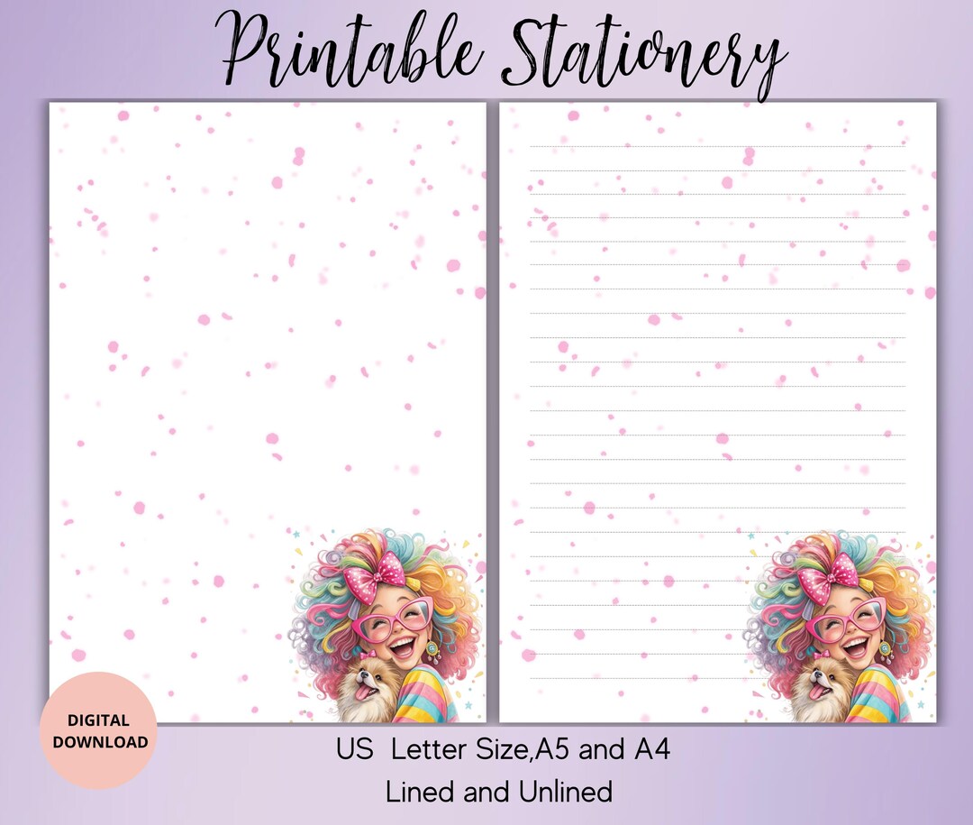 Happy Girl and Dog Printable Stationery-girl Writing Paper Set Lined ...