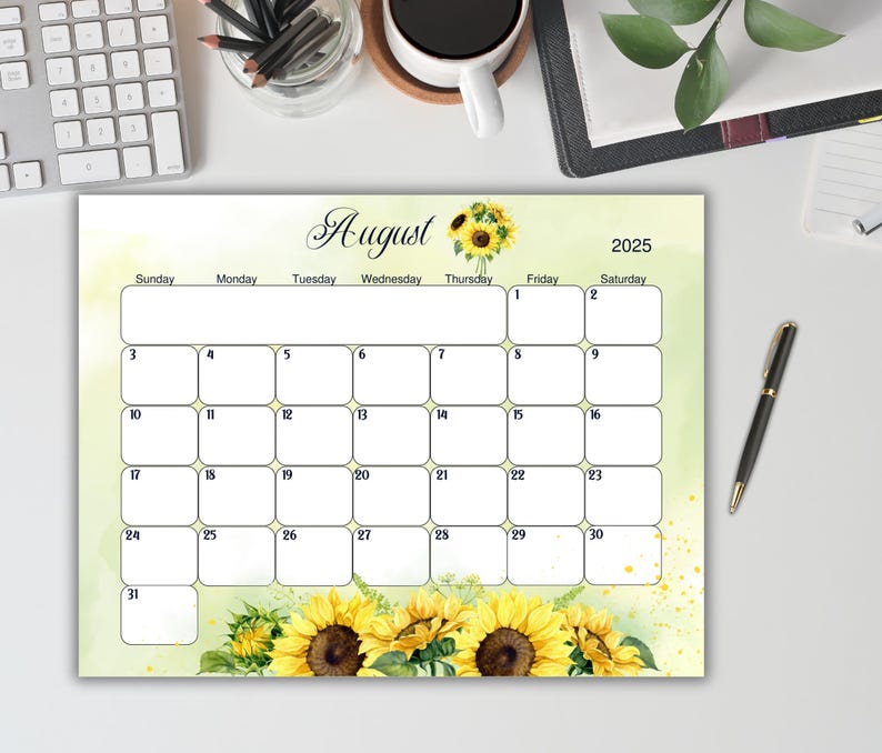 August 2025 EDITABLE Printable Calendar-sunflower Printable Fillable ...