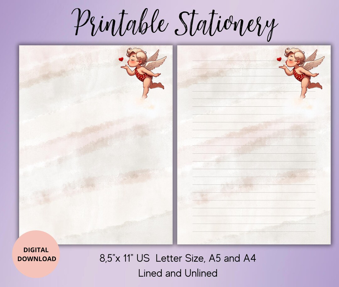 Cupid Printable Stationery-valentine's Day Writing Paper Set Unlined ...