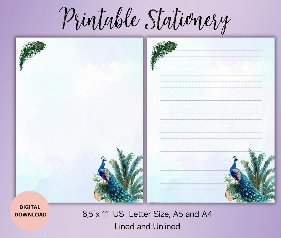 Peacock Stationery Set-bird Writing Paper Unlined Lined A4/A5/US Letter ...