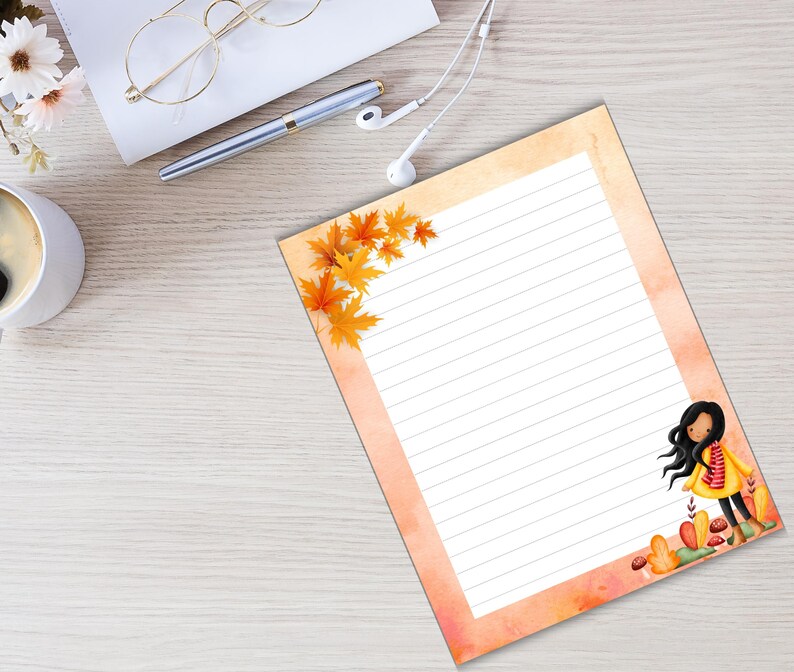 Autumn Fall Printable Stationery-autumn Girl Writing Paper Set Lined ...
