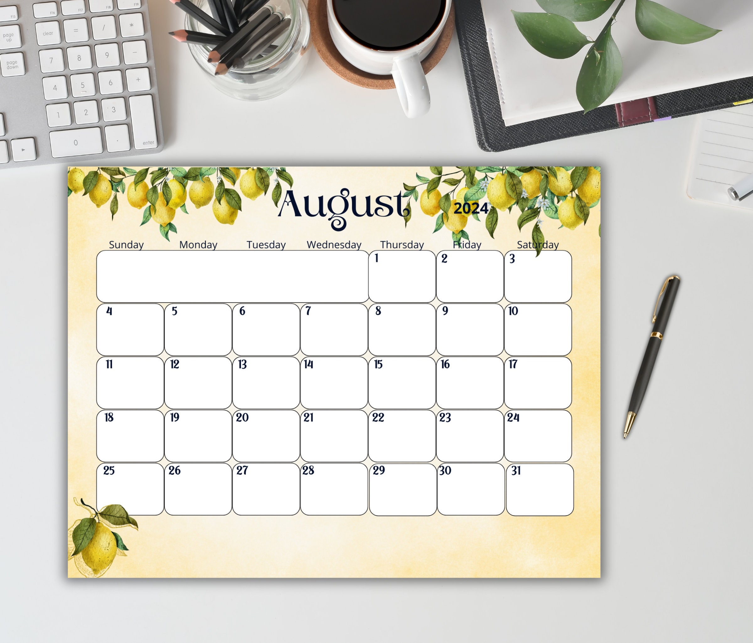 Editable August 2024 Calendar-lemon Printable Planner Digital Monthly ...