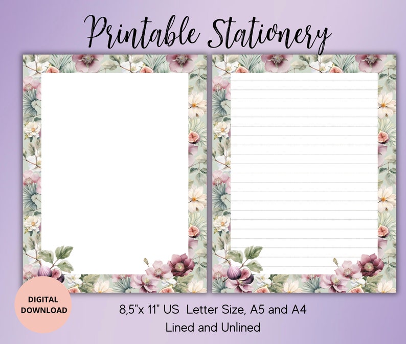 Flowers and Fig Fruit Writing Paper Set Unlined Lined A4/A5/US Letter ...
