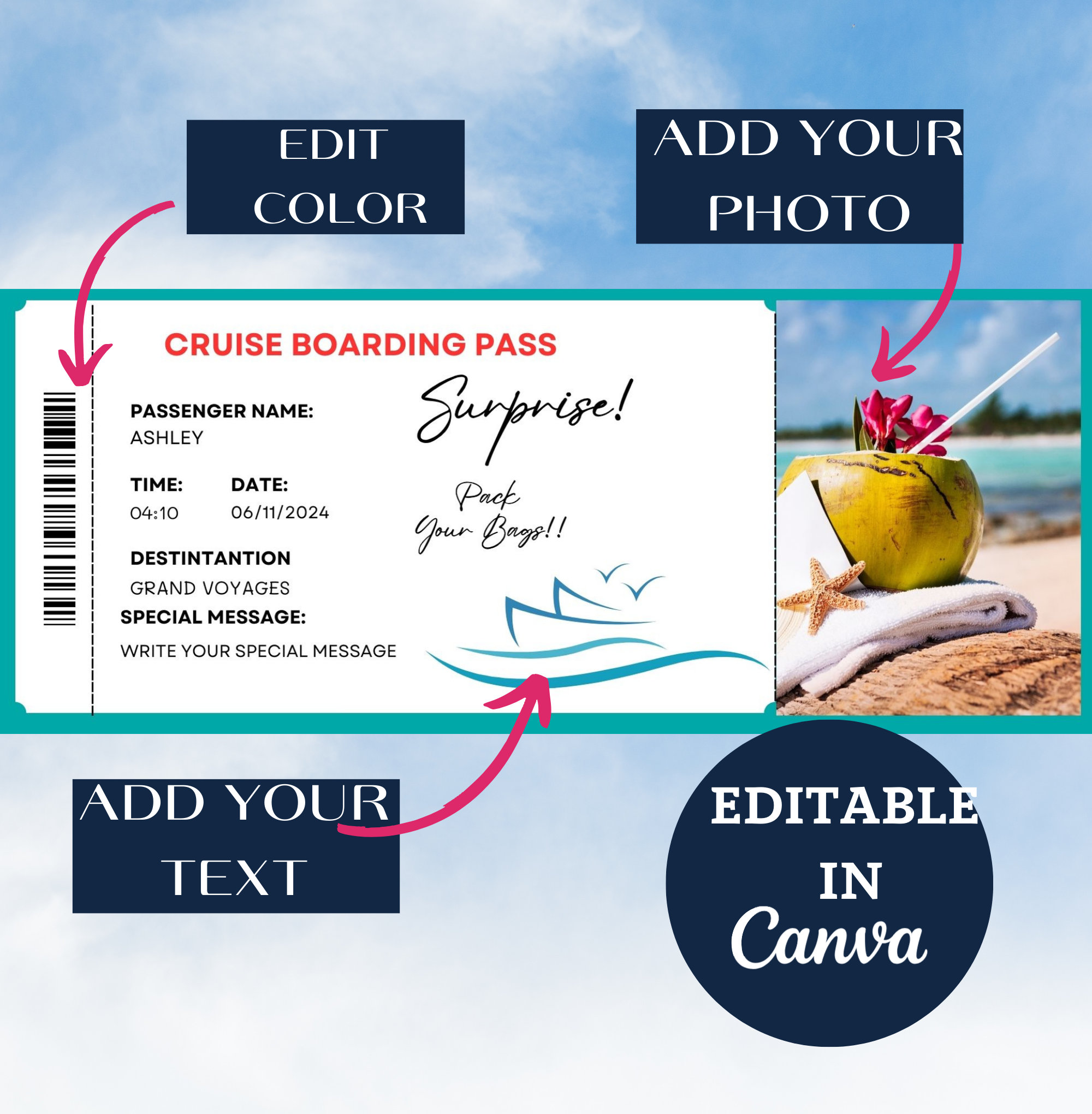 Editable Cruise Ticket Fully Customizable-print Surprise Gift Cruise ...