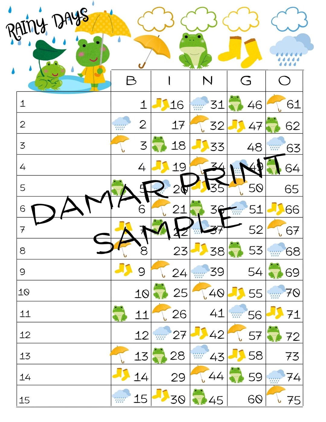 Frog Printable Bingo Boards-instant Download -rainy Days Bingo Boards ...