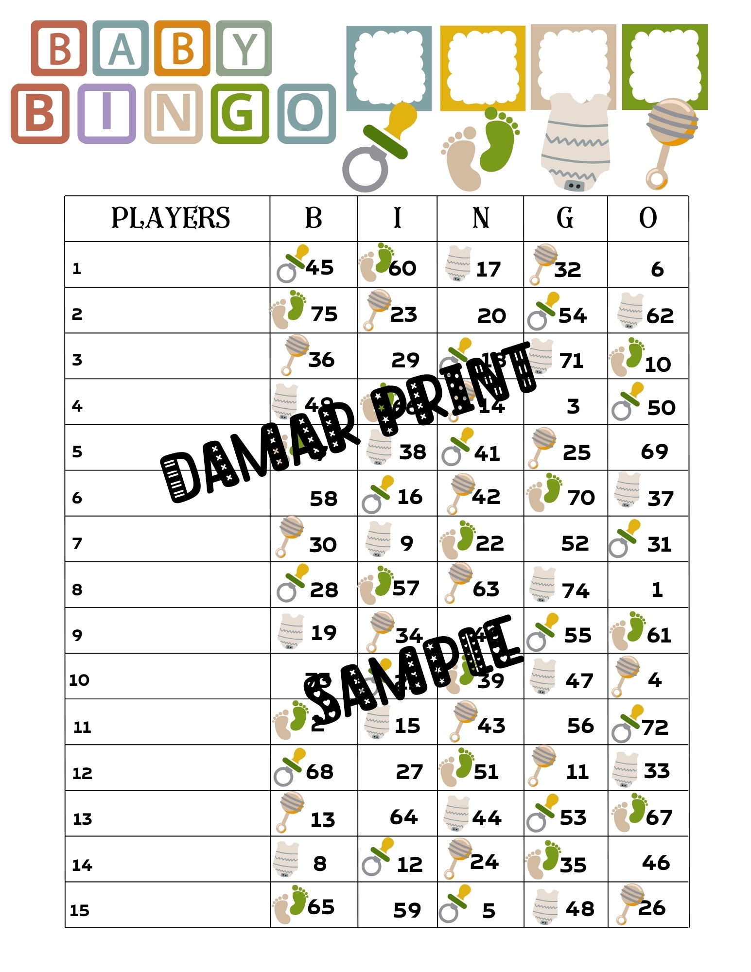Bingo Boards Printable-bingo Boards 1-15 Lines baby Bingo-neutral Baby ...
