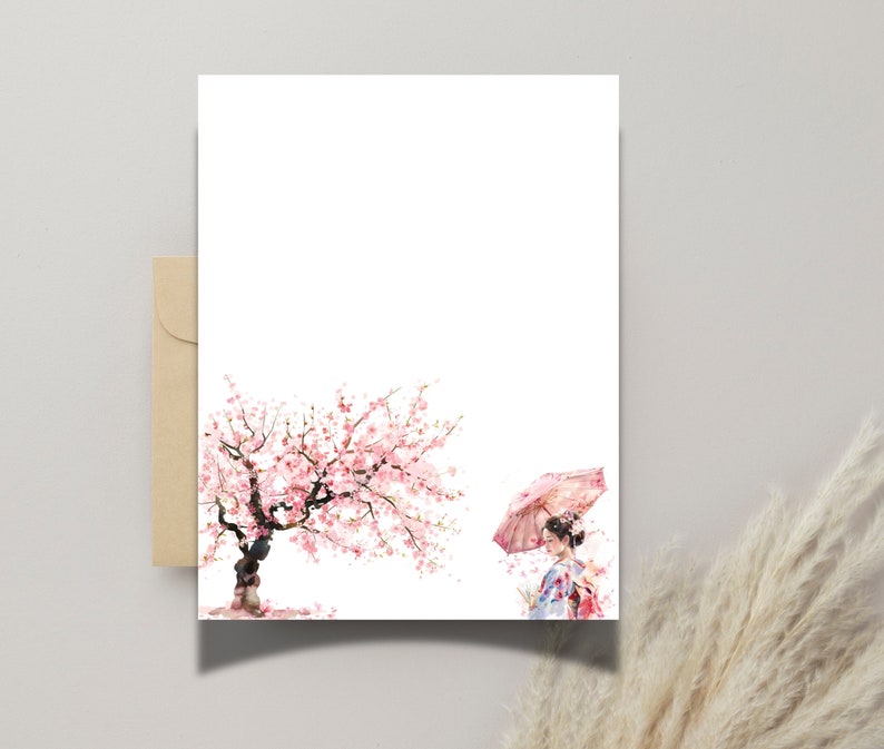 Sakura and Japanese Girl Printable Stationery-cherry Blossom Writing ...