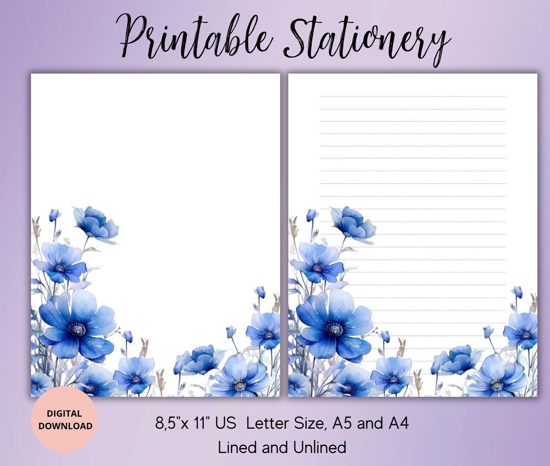 Blue Flower Printable Stationery-watercolor Flower Stationary-digital ...