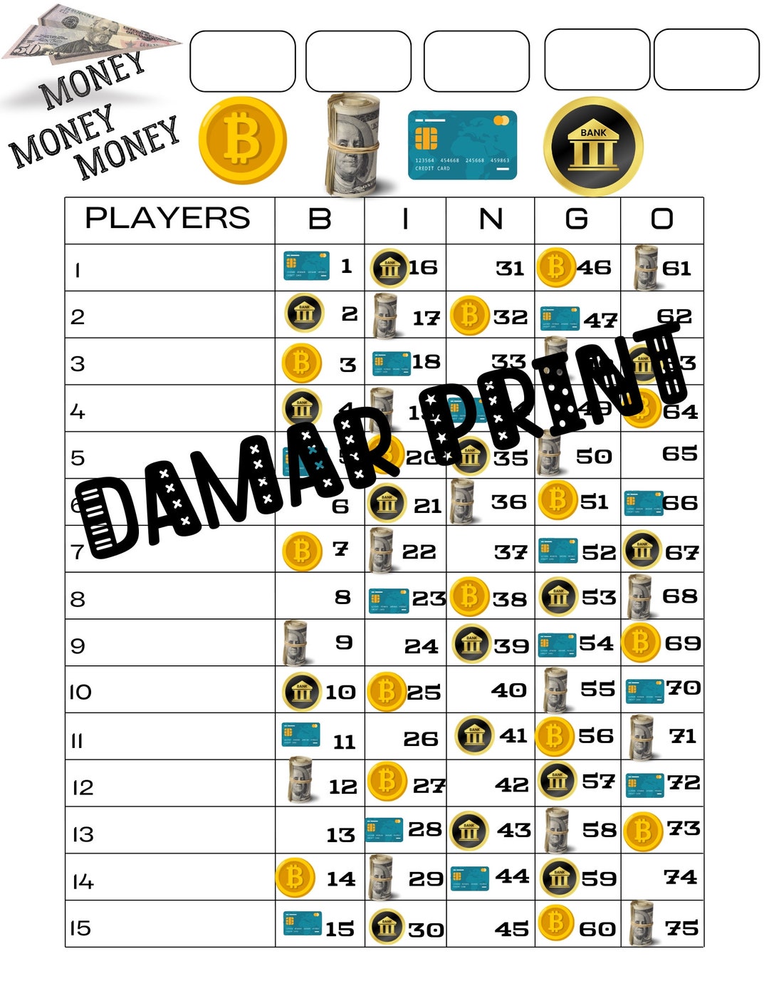 Money Bingo Boards-printable Bingo Boards 1-15 Lines- Straight Mixed ...