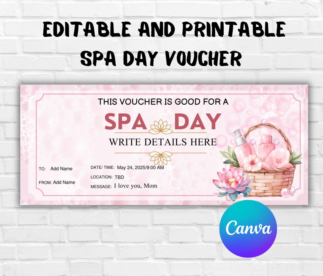 Spa Day EDITABLE Voucher-personalized Spa Day Gift Voucher-editable Spa ...