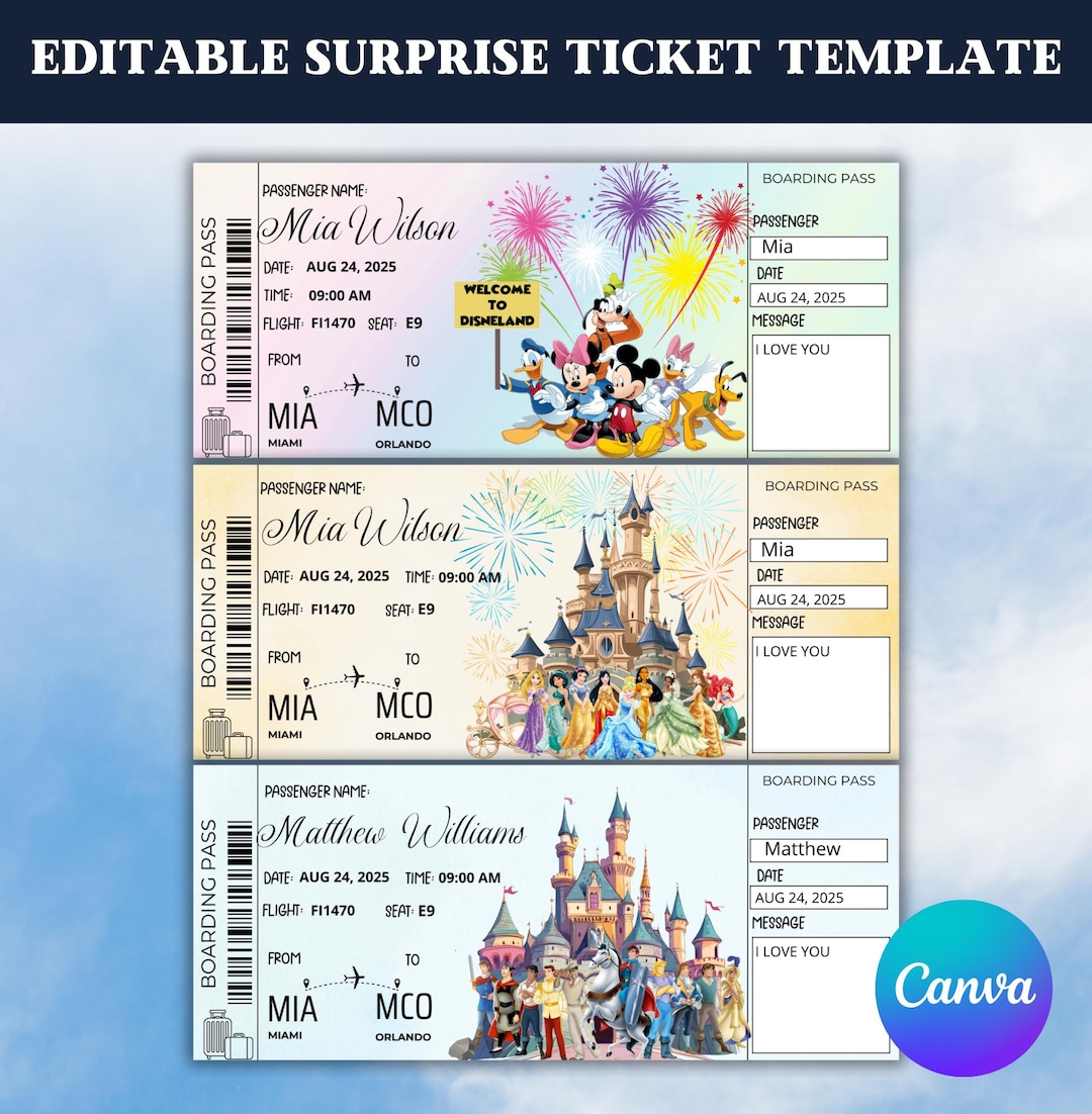 Editable Disneyland Ticket Disneyworld Ticket-editable Boarding Pass ...