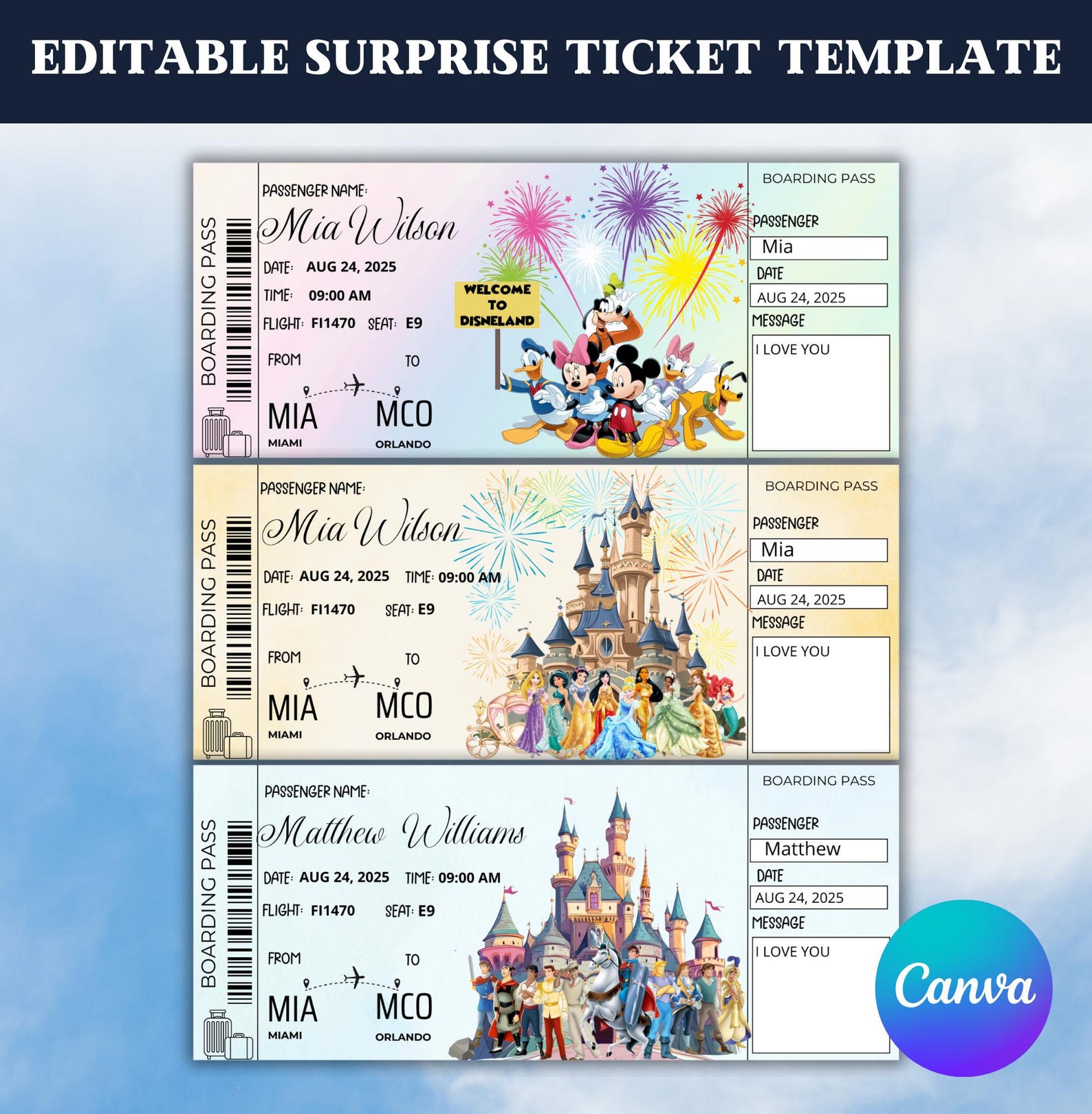Editable Disneyland Ticket Disneyworld Ticket-editable Boarding Pass ...